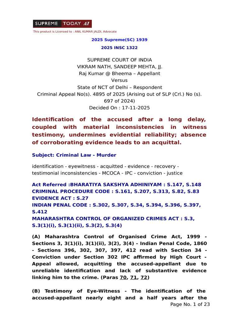 4. Raj_Kumar_Bheema_vs_State_of_NCT_of_Delhi_2025_Supreme_SC_1939 | PDF | Acquittal | Witness