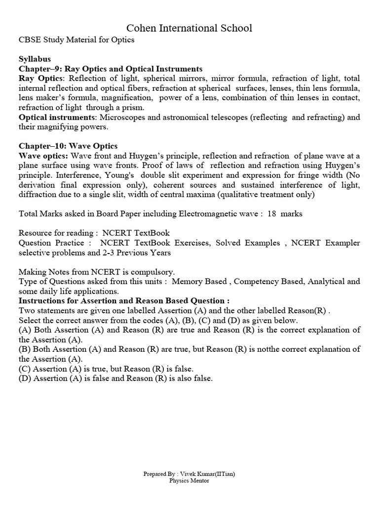 Study Material For Optics | PDF | Optics | Diffraction