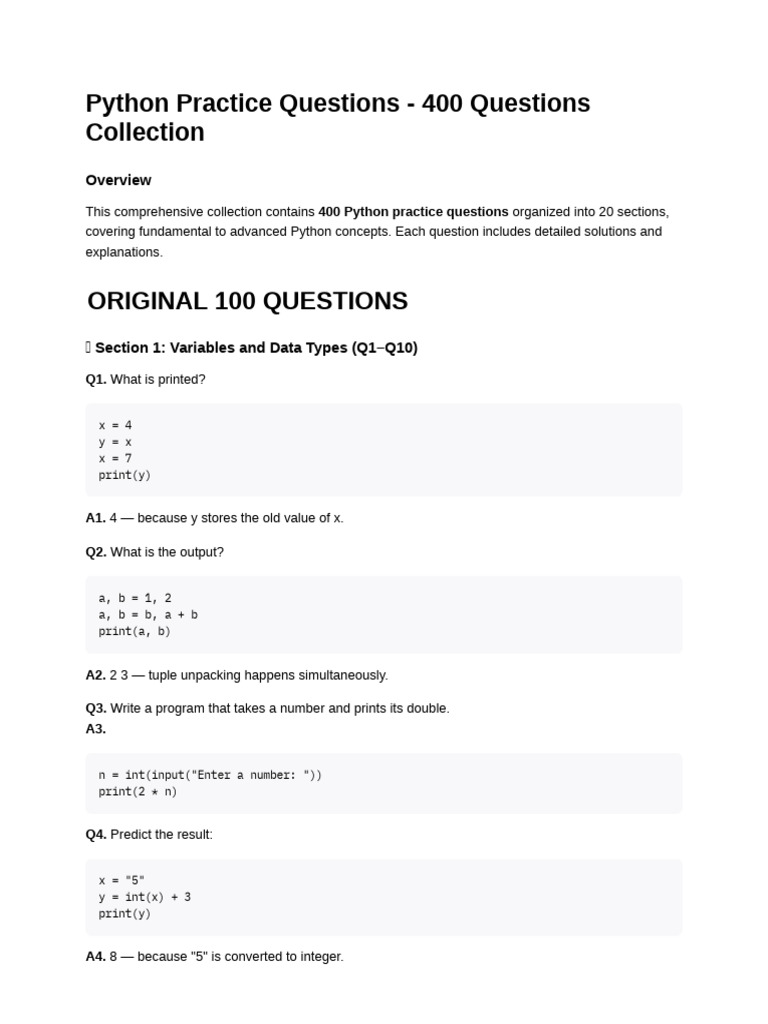 Python Practice 400 Questions | PDF | Integer (Computer Science) | String (Computer Science)