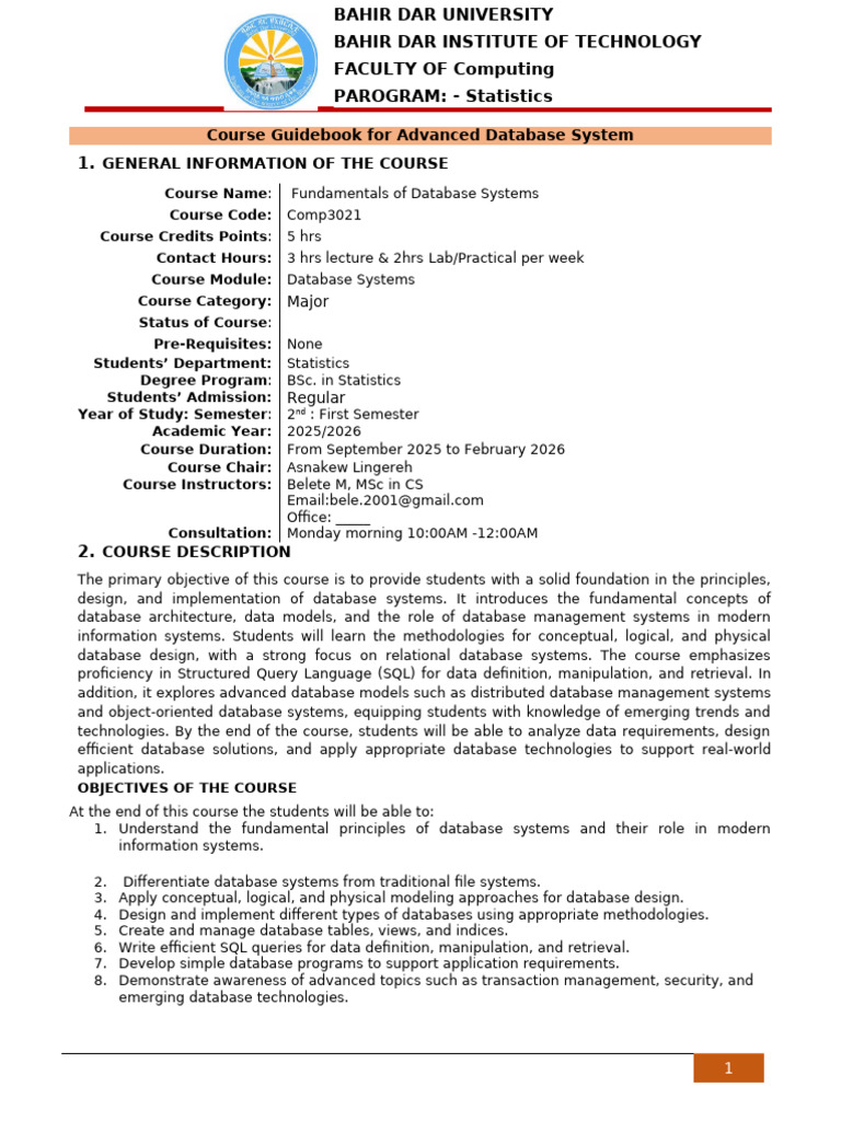 Fundamentals of Database Systems Revised Course Guidebook 2025 26 | PDF | Databases | Sql