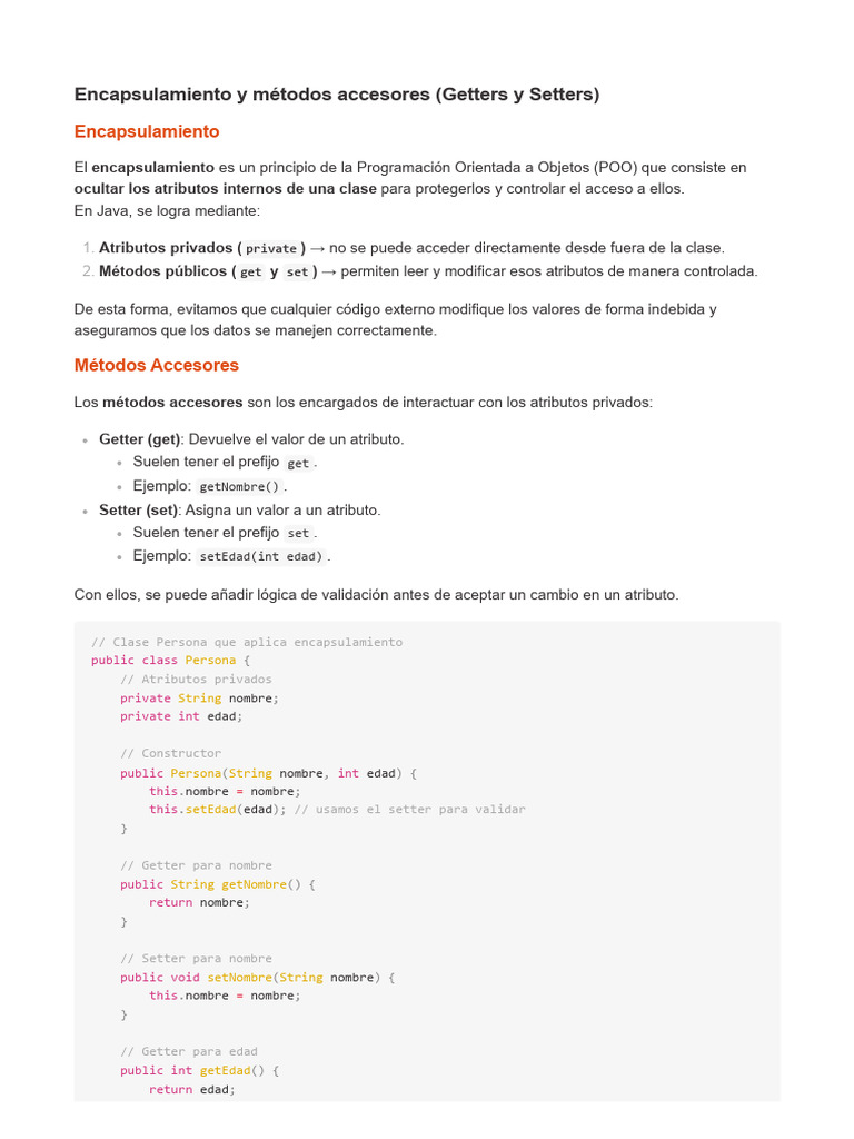 Encapsulamiento y Métodos Accesores (Getters y Setters) | PDF