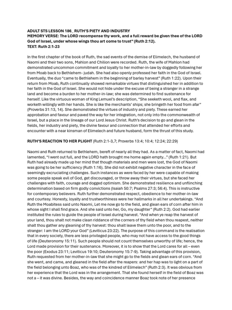 Ruth's Piety and Industry Explained | PDF | Ruth (Biblical Figure ...