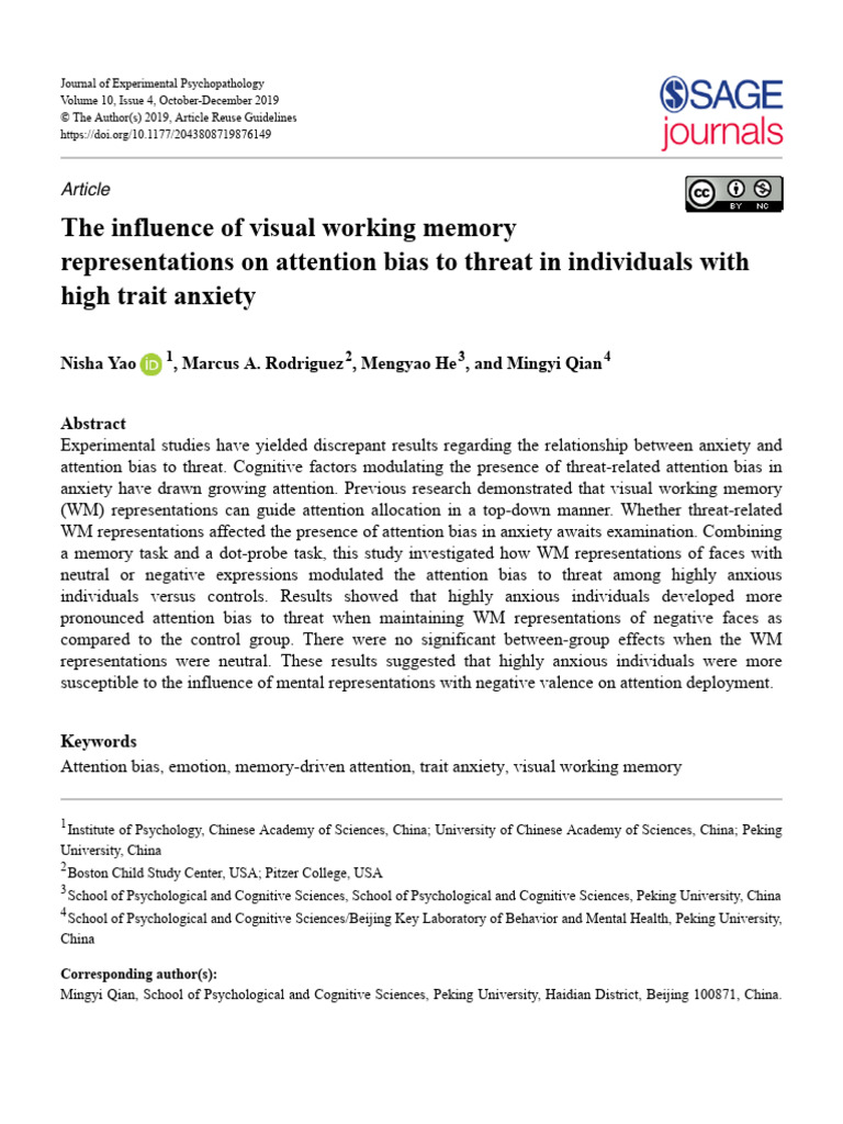 The Influence of Visual Working Memory Representations On Attention Bias To Thre | PDF ...