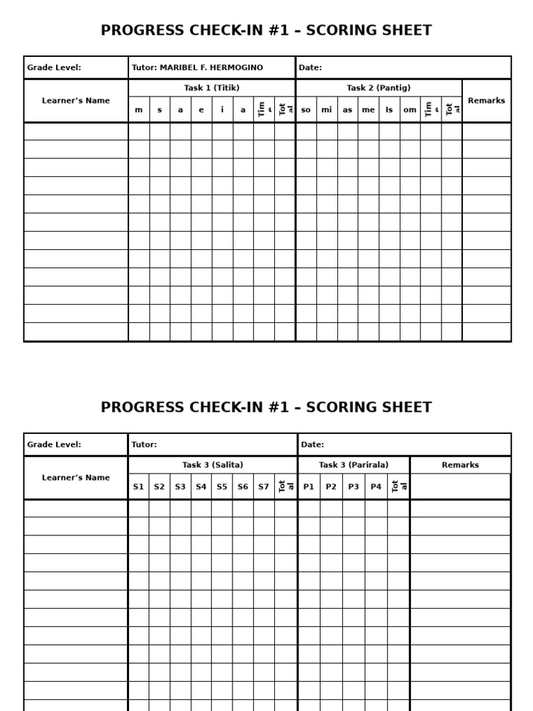 Progress Check-In Scoring Sheets | PDF