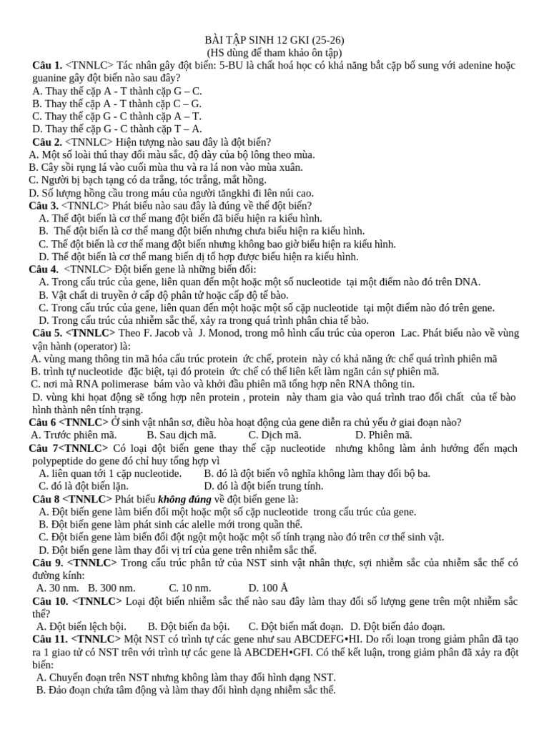 ĐỀ CƯƠNG GKI SINH 12 (25-26) - HS | PDF