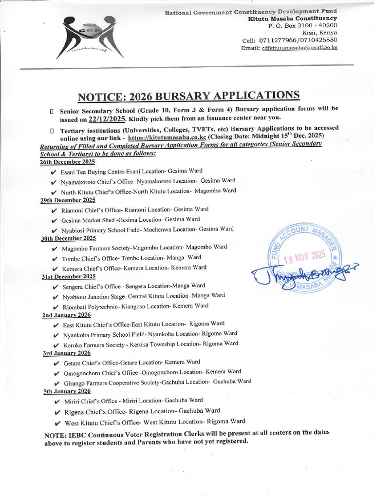 Kitutu Masaba Constituency 2026 NG CDF Bursary Advert | PDF