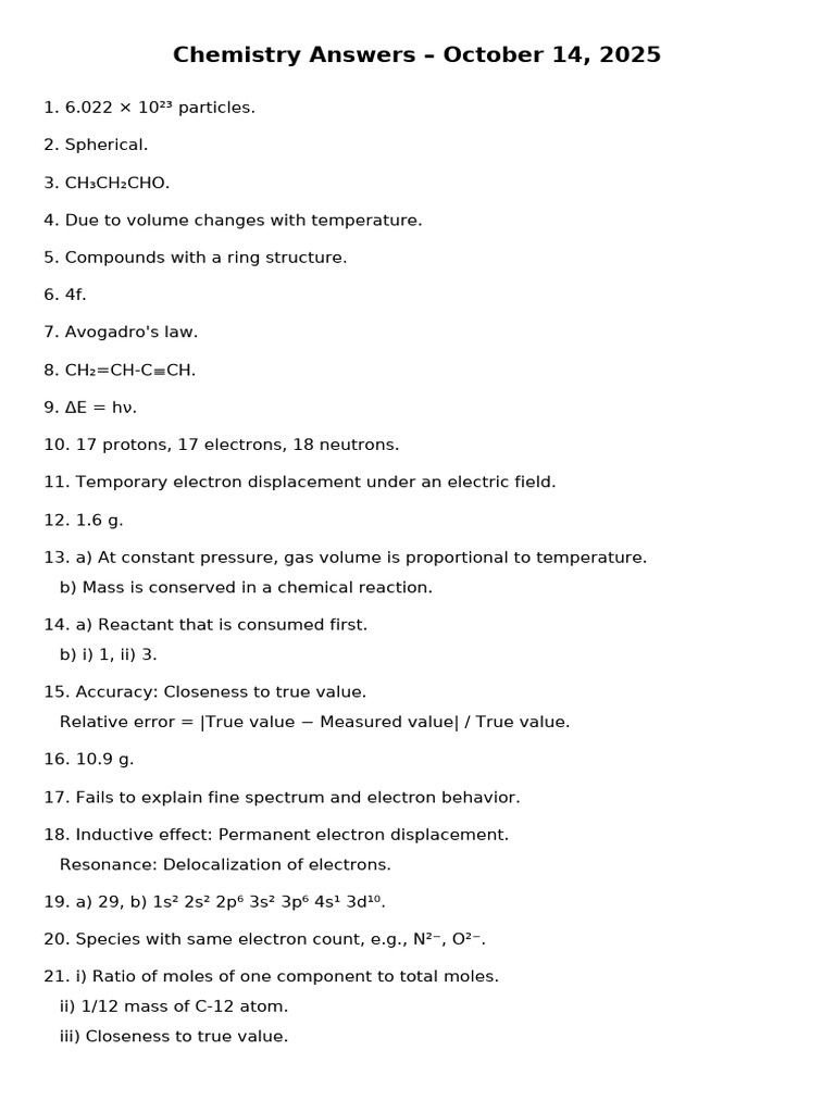 Chemistry Answers 2025-10-14 | PDF