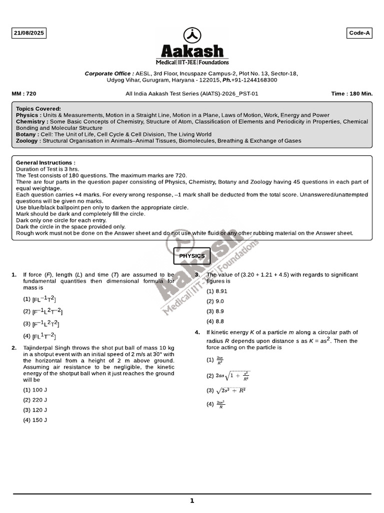 DLP-AIATS-2026_PST-01 (21-08-2025) | PDF