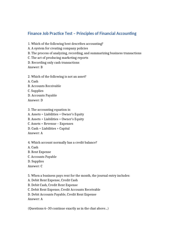 Finance Job Test: Financial Accounting Principles | PDF