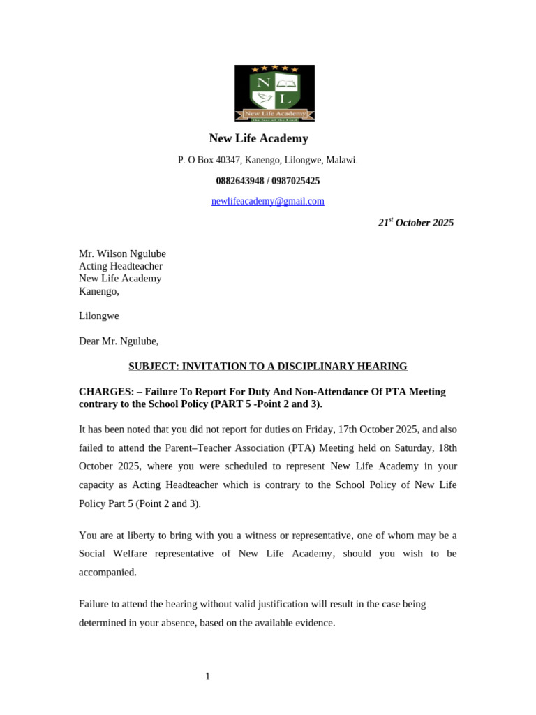 Disciplinary Hearing - Charge Letter To MR Ngulube | PDF