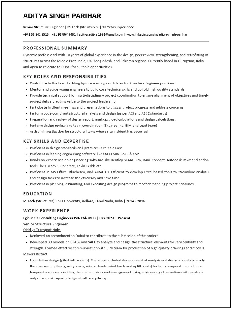 Aditya Singh Parihar Senior Structural Engineer 2025 | PDF | Civil ...