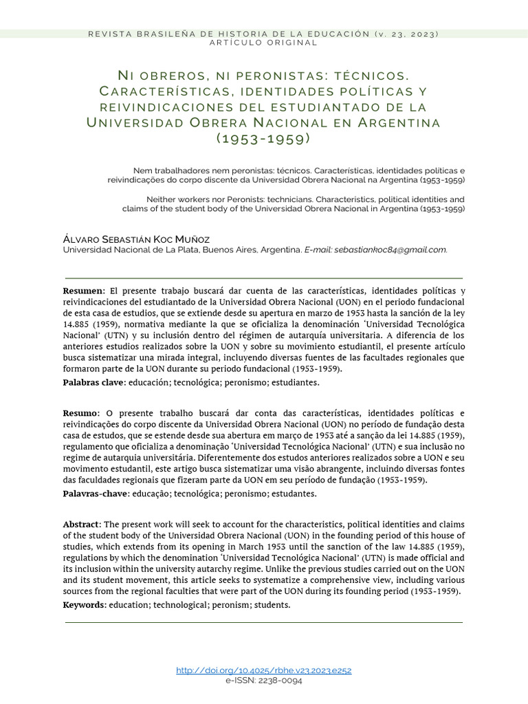 KOC MUÑOZ (2023), Ni Obreros, Ni Peronistas Técnicos. Características, Identidades Políticas y ...