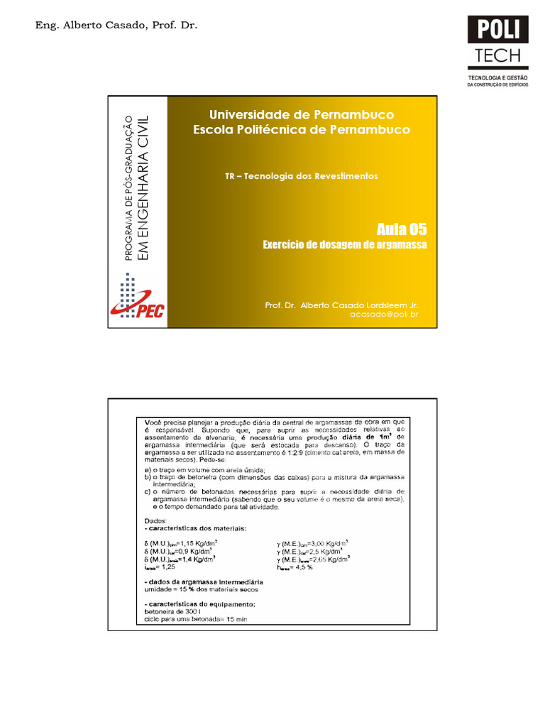 TR_Aula 05 - TR - Exercício de Dosagem de Argamassa | PDF | Concreto | Cimento