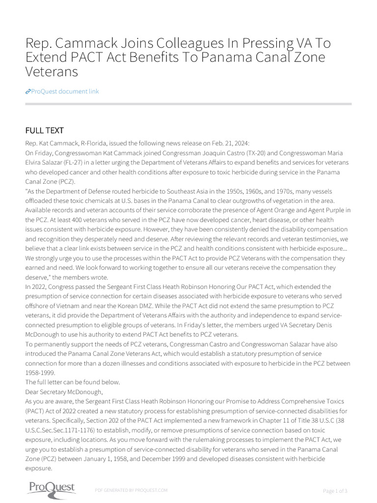 Rep. Cammack Joins Colleagues in Pressing VA To | PDF | Agent Orange ...