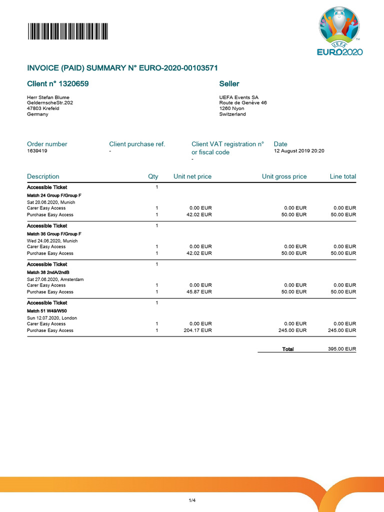 UEFA Euro 2020 Paid Invoice Summary | PDF | Invoice | Sales
