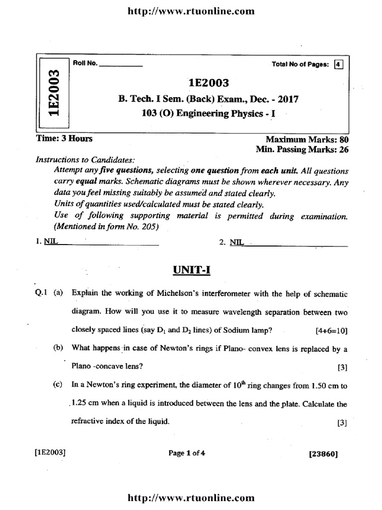 Btech 1 Sem Engineering Physics 1 1e2003 Dec 2017 | PDF