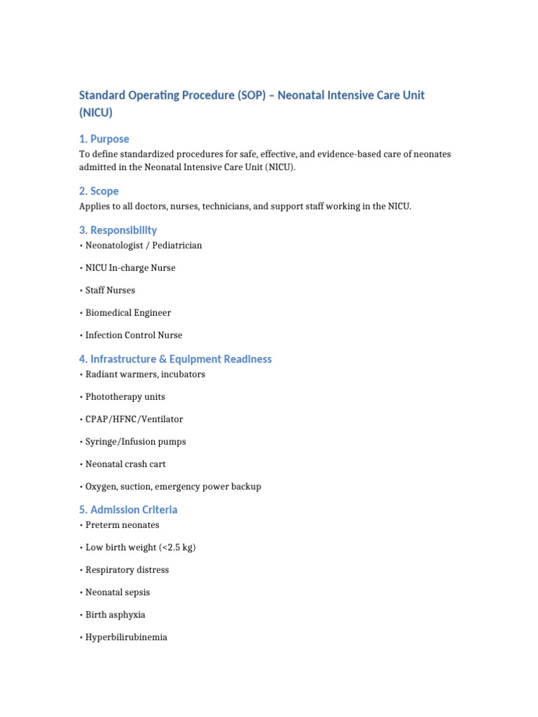 NICU Standard Operating Procedures Guide | PDF