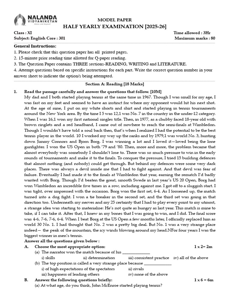 Grade Xi - Half Yearly Exam English Model Paper - 2025-2026 | PDF ...