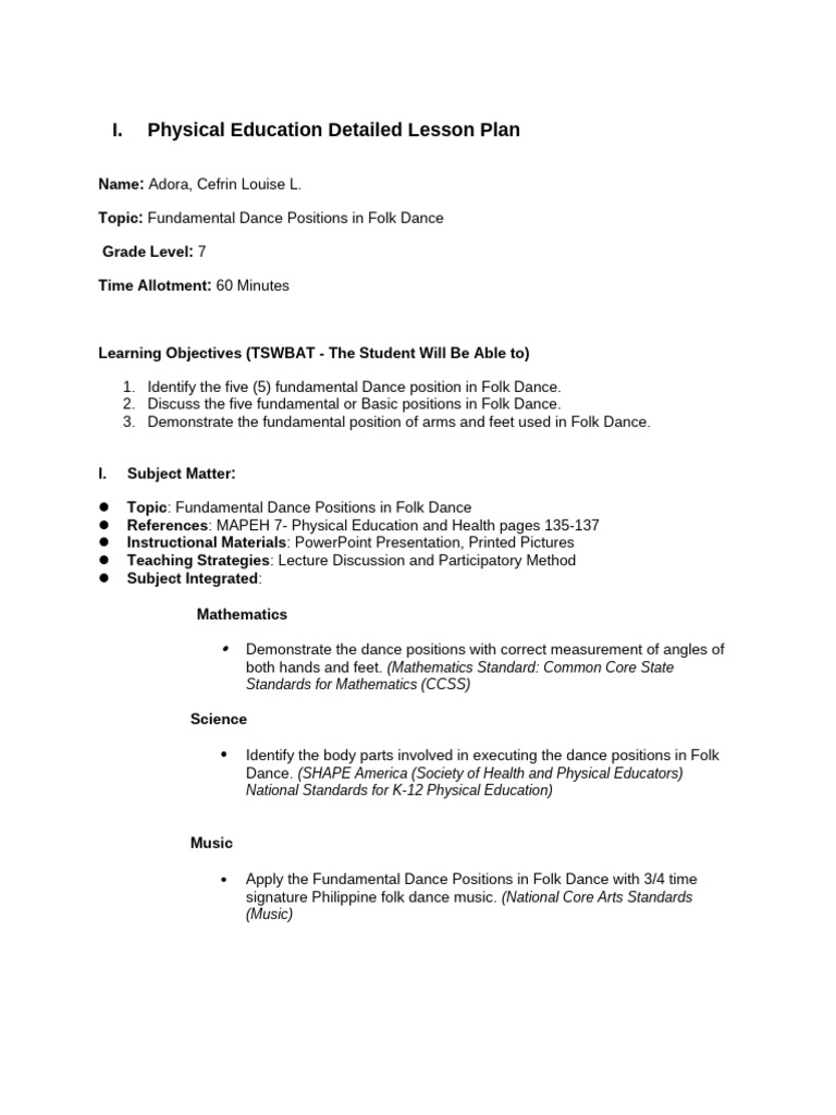 Adora, Cefrin Louise L. 5es Detailed Lesson Plan | PDF | Dances ...