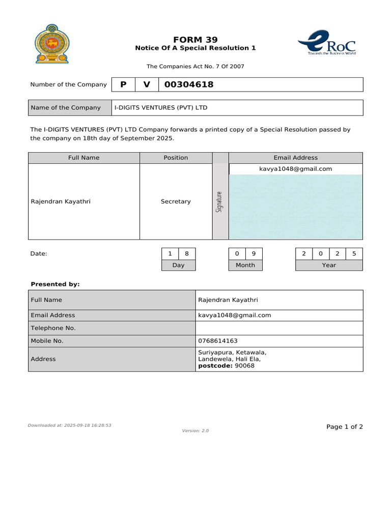 Form 39: Notice of A Special Resolution 1 | PDF