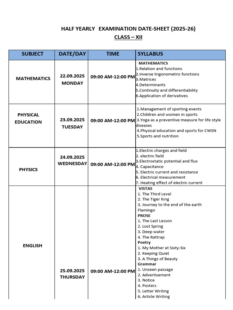 Class Xii Half-Yearly Examination Date-Sheet & Syllabus | PDF