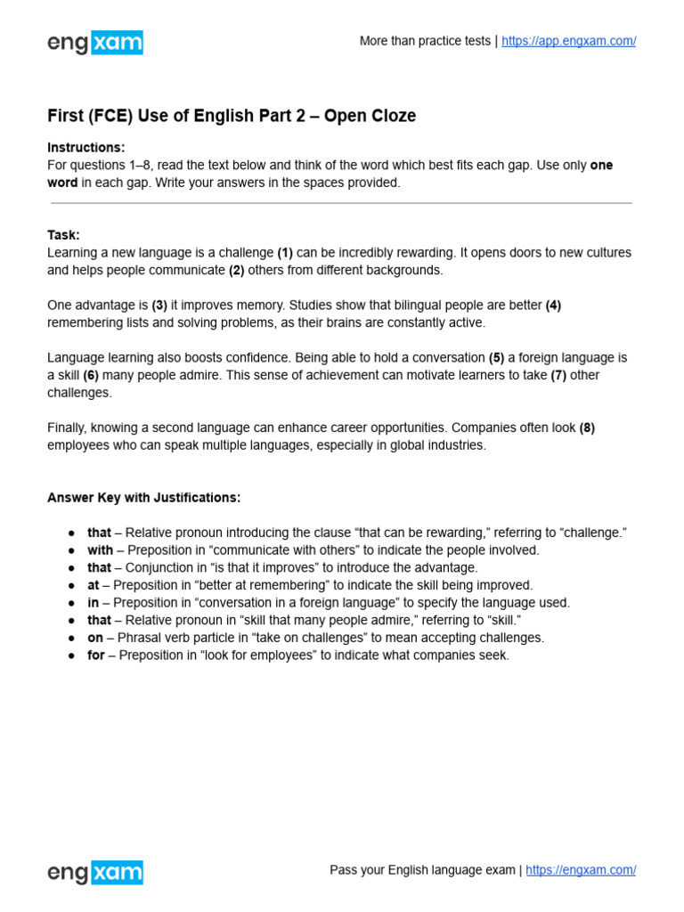 First Fce Use Of English Part 2 Open Cloze Practice Test Pdf 1 Pdf