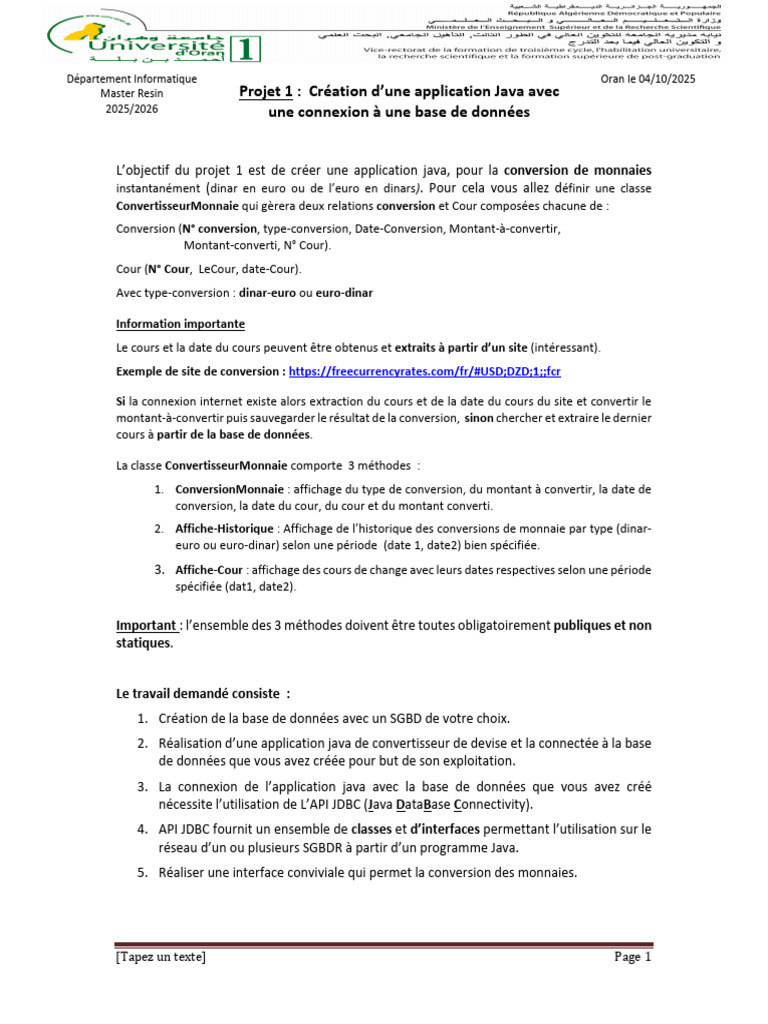 Projet 1 Conversion Monnaies + Connexion BDD Avec JDBC 2025-2026 | PDF | Bases de données | Java ...