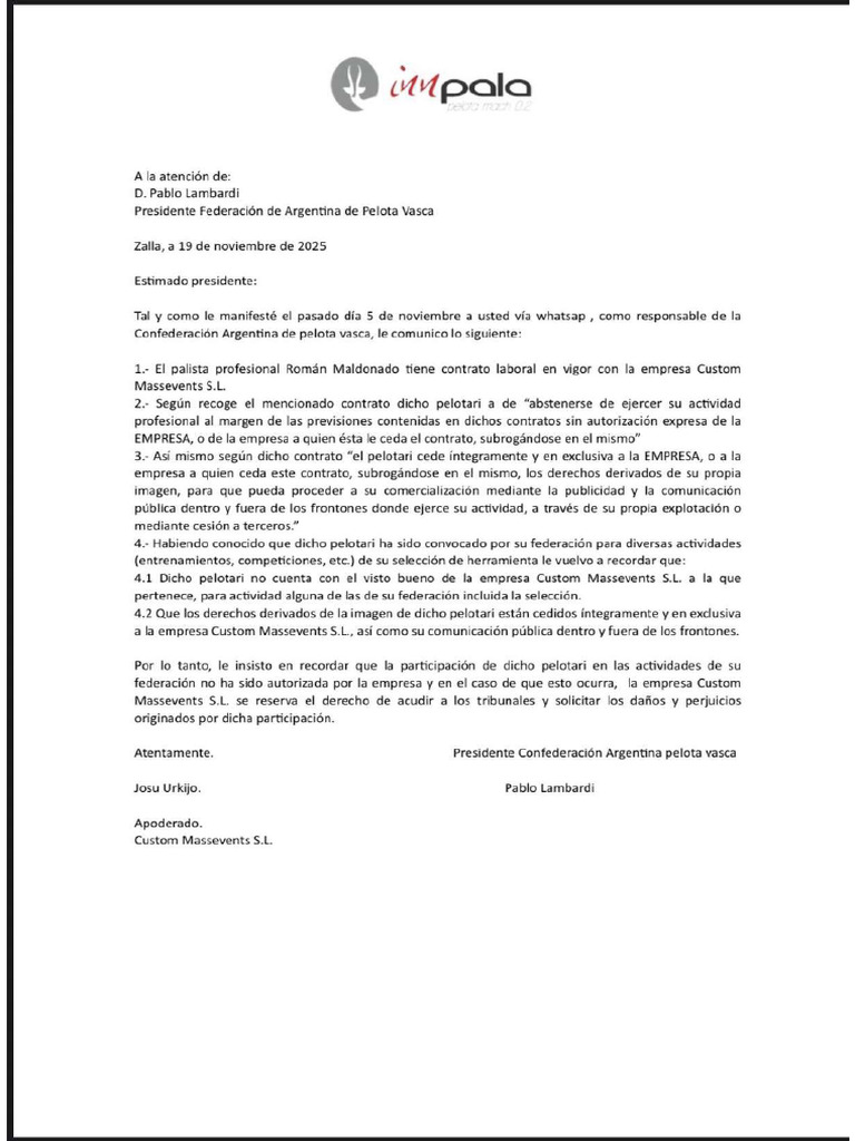 Carta de Innpala (Custom Massevents S.L.) | PDF