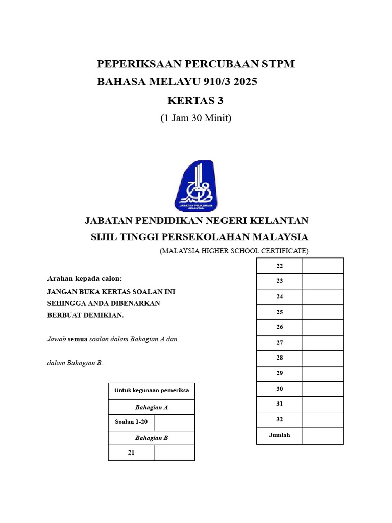 Bmsem3soalan Percubaan BM STPM Sem 3 2025 | PDF