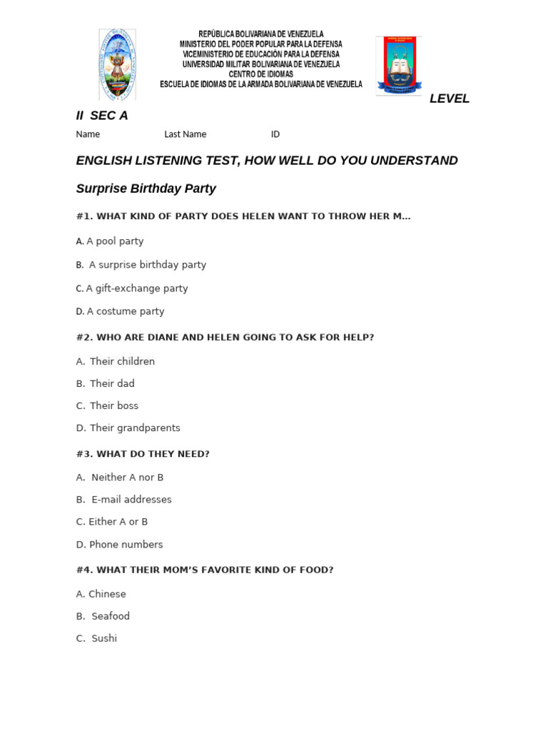 Listening Compr TEST 1 LEVEL 2A | PDF