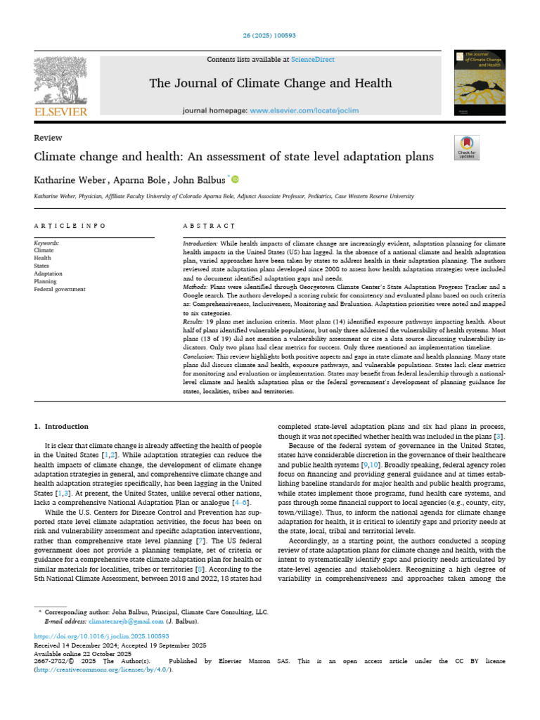 Climate Change and Health An Assessment of State Level Adaptation Plans ...