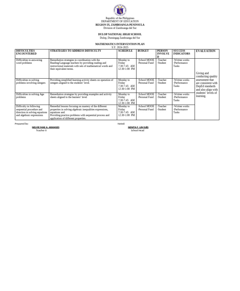 Numeracy Intervention Plan | PDF | Equations | Cognition