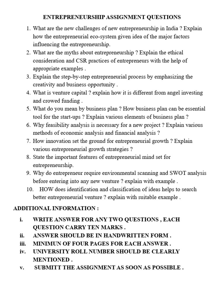 Entrepreneurship Assignment Questions | PDF