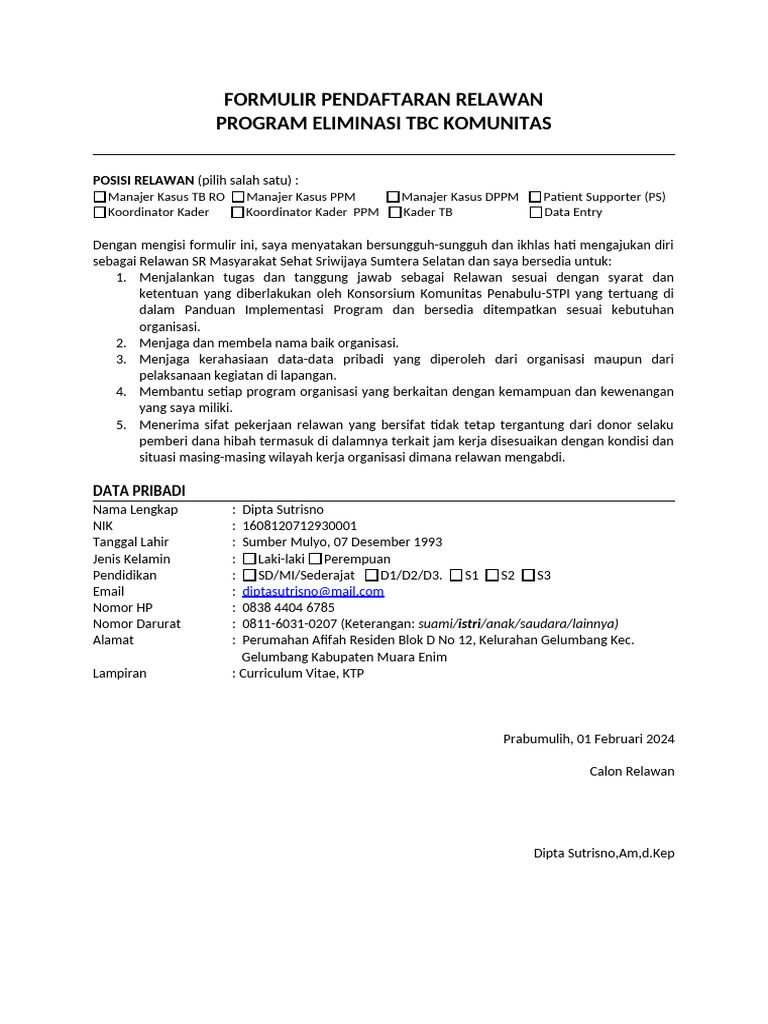 Formulir Pendaftaran Relawan TBC | PDF