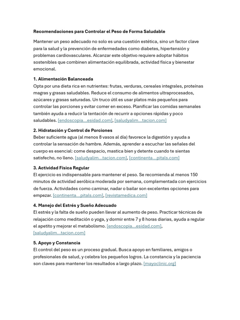 Recomendaciones para Controlar El Peso de Forma Saludable | PDF