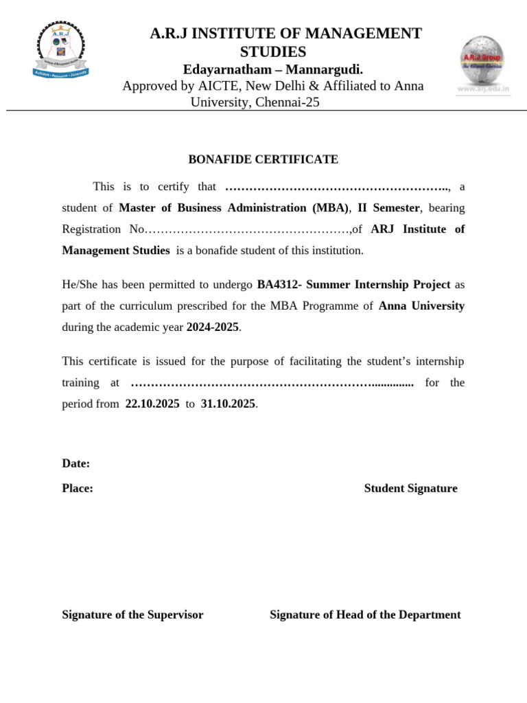 Bonafide Certificate for Summer Internship | PDF