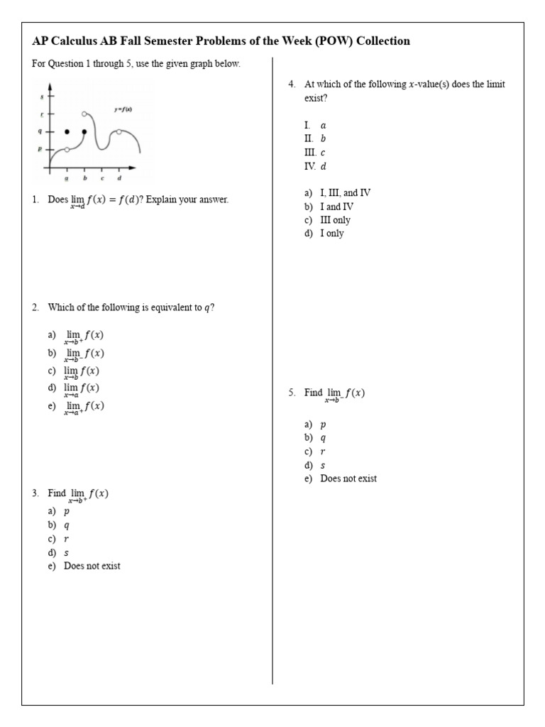 AP Calculus AB Fall Semester POWs | PDF | Calculus | Mathematical Relations