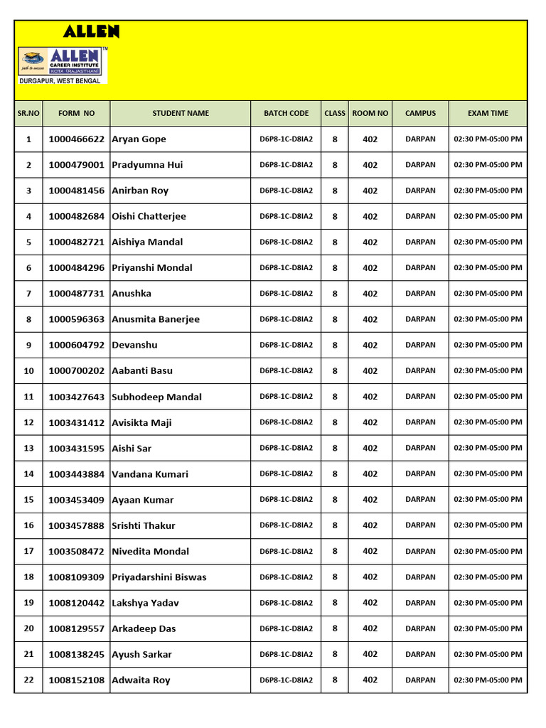 D6P8 1C D8ia2 B2 Exam Sitting Plan Test Date 16 11 2025 | PDF
