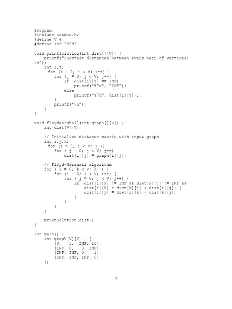 Floyd-Warshall Algorithm in C | PDF