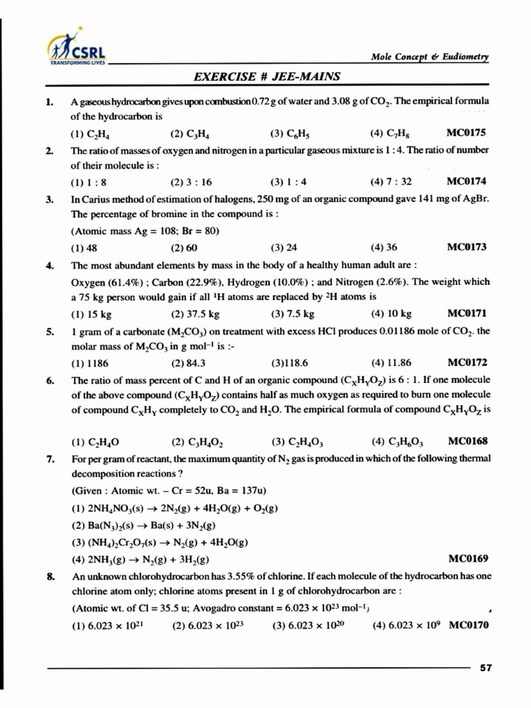 Mole Concept Jee Main Test Paper | PDF | Mole (Unit) | Chemical Compounds