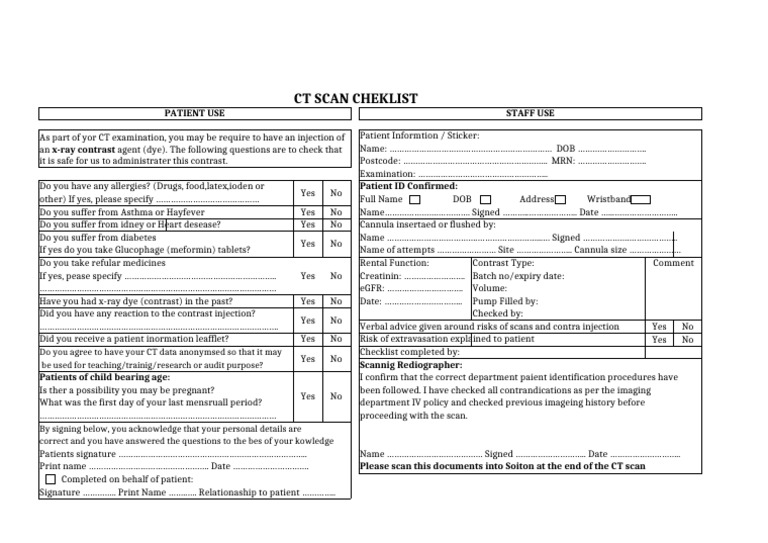 CT Scan Checklist | PDF | Medicine | Clinical Medicine