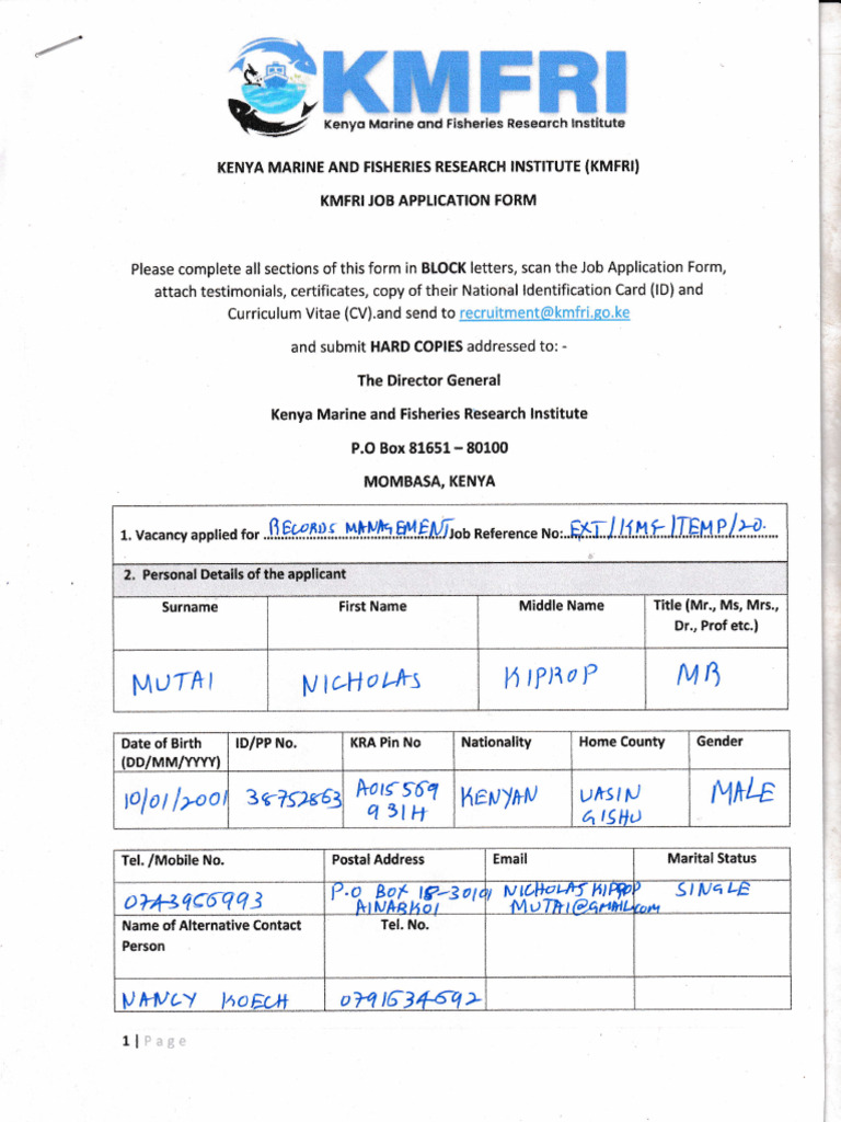 KMFRI Job Application Form Guide | PDF | Qualifications | Vocational ...
