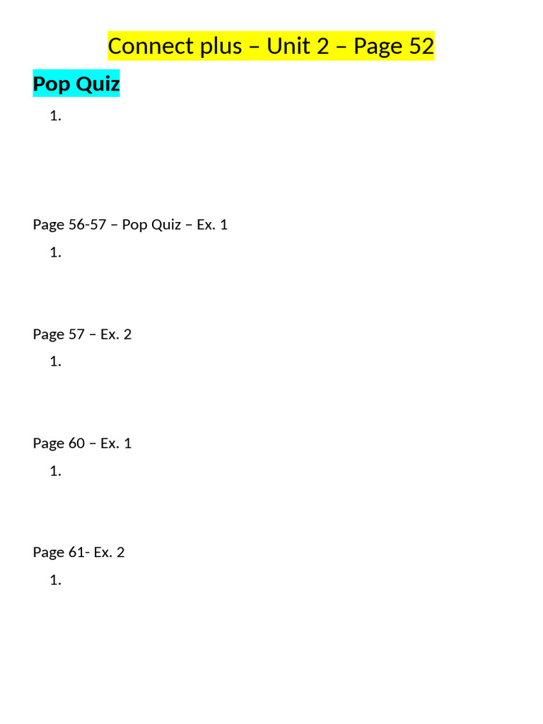 Connect Plus Unit 2 Pop Quiz and Test | PDF