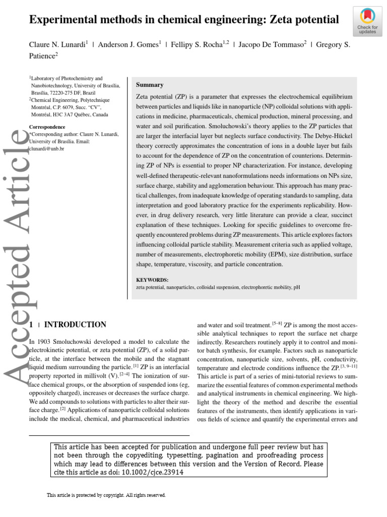 Experimental Methods in Chemical Engineering: Zeta Potential | PDF ...