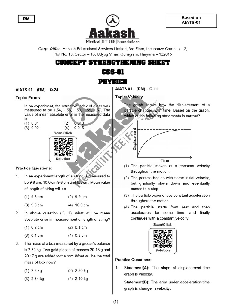 Concept Strengthening Sheet (CSS-01) Based On AIATS-01 (RM) - Physics | PDF | Projectiles | Velocity