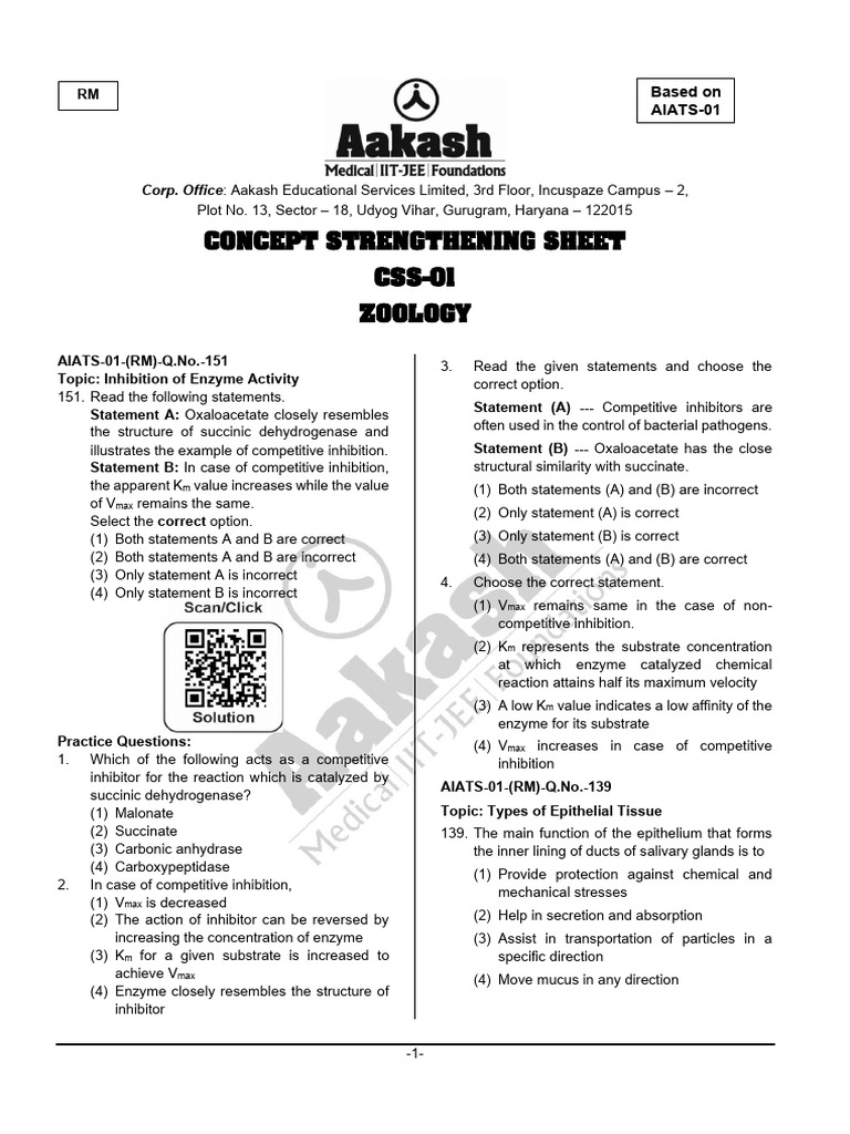 Concept Strengthening Sheet (CSS-01) Based On AIATS-01 (RM) - Zoology | PDF | Connective Tissue ...