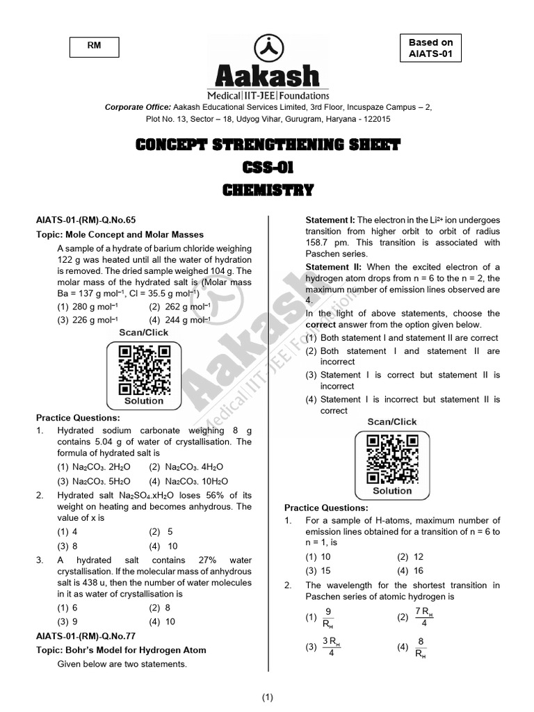 Concept Strengthening Sheet (CSS-01) Based on AIATS-01 (RM)_Chemistry | PDF | Mole (Unit) | Electron