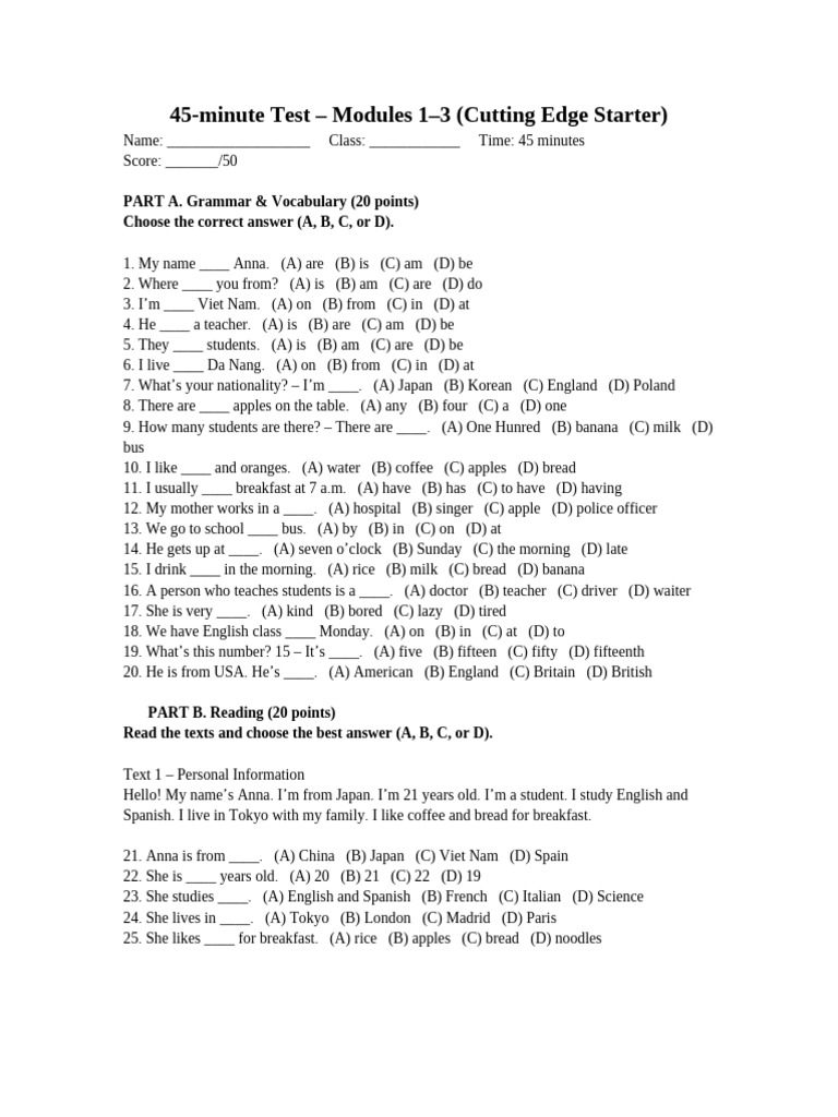 45 Minute Test Modules 1 3 Cutting Edge Starter Official | PDF