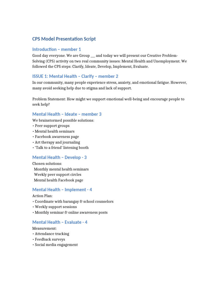 CPS Script MentalHealth Unemployment | PDF