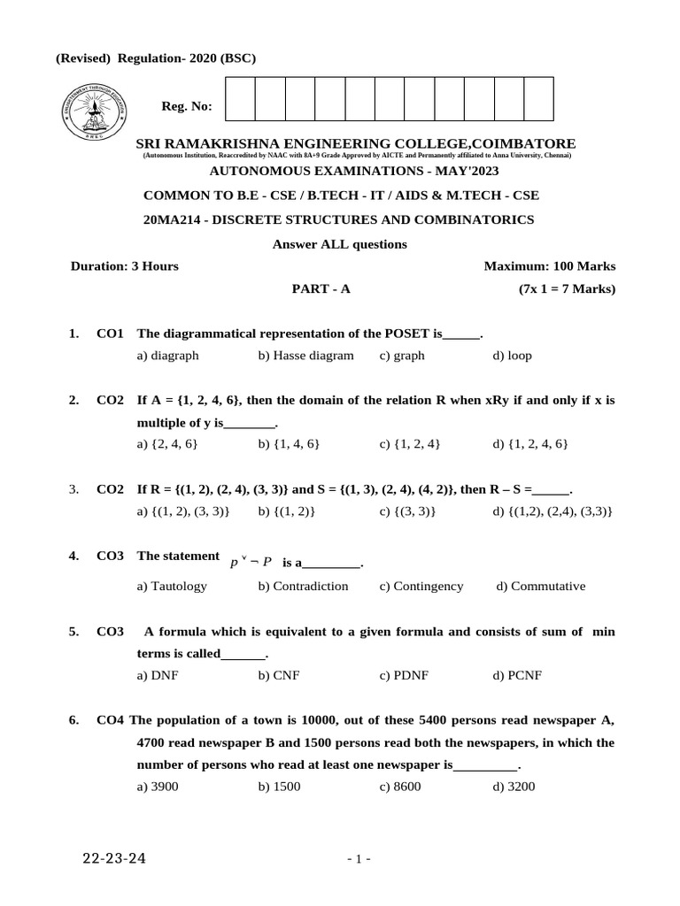20ma214 - Discrete Structures and Combinatorics | PDF | Discrete ...